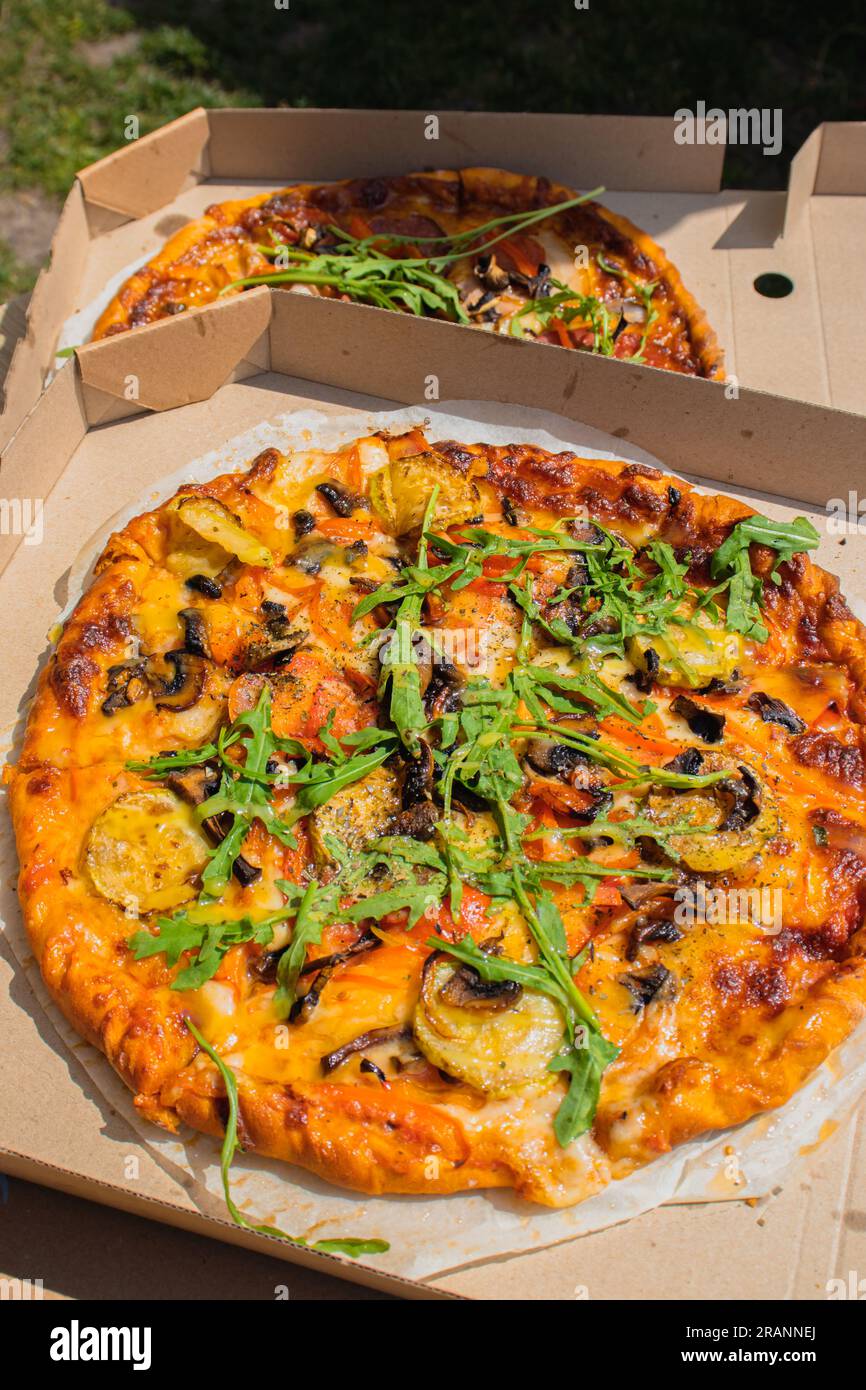 Two pan pizzas in two pizza boxes with their two different flavors ...