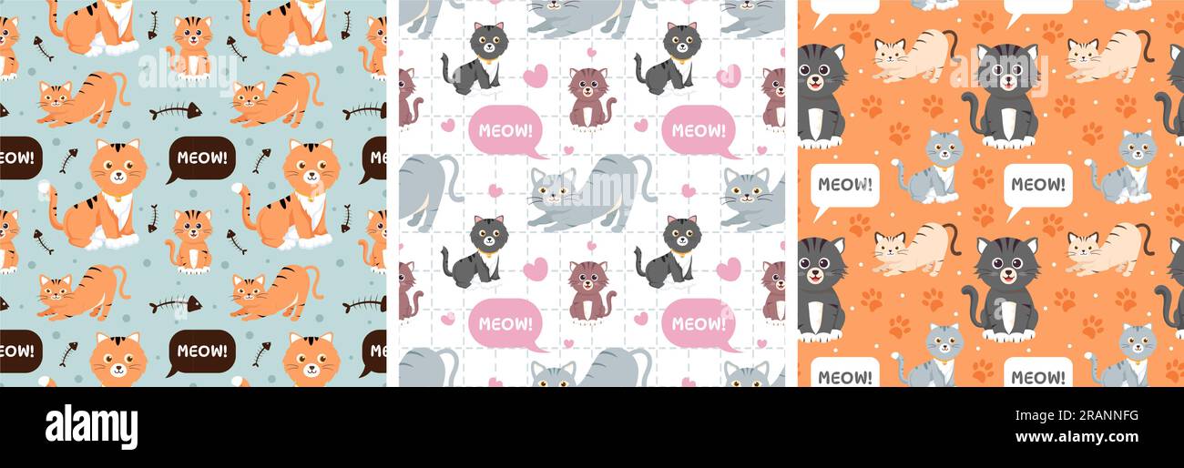 Set of Cats Animals Seamless Pattern Design with Cat Element in ...