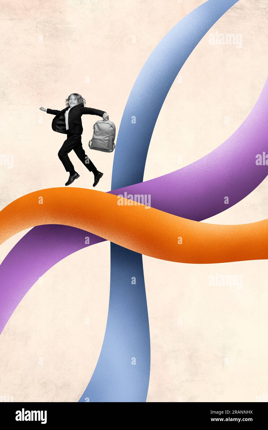 Collage vertical miniature photo of happy funky schoolboy wear uniform ...