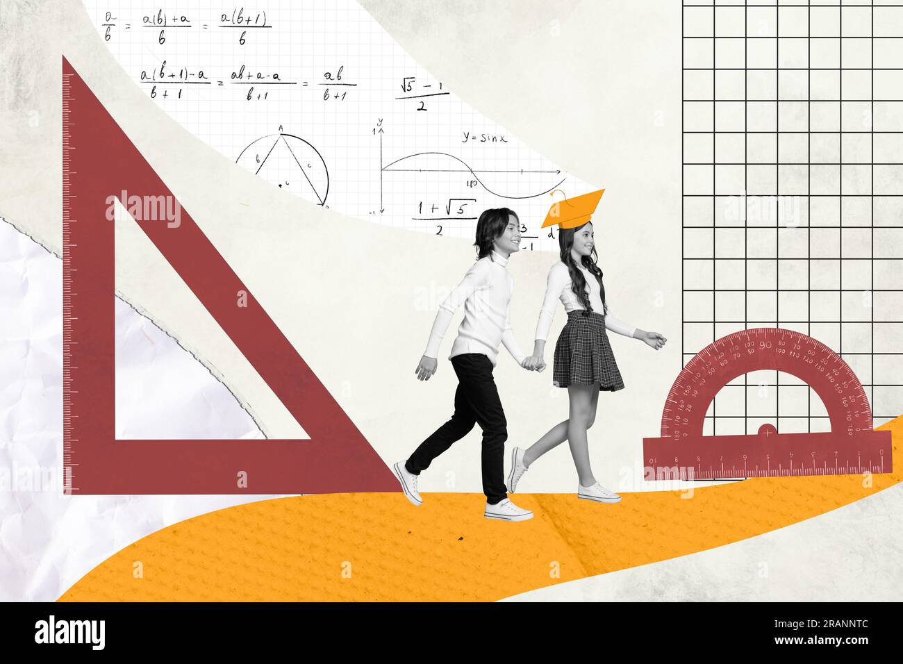 Sketch collage banner of two classmates love story studying hands ...