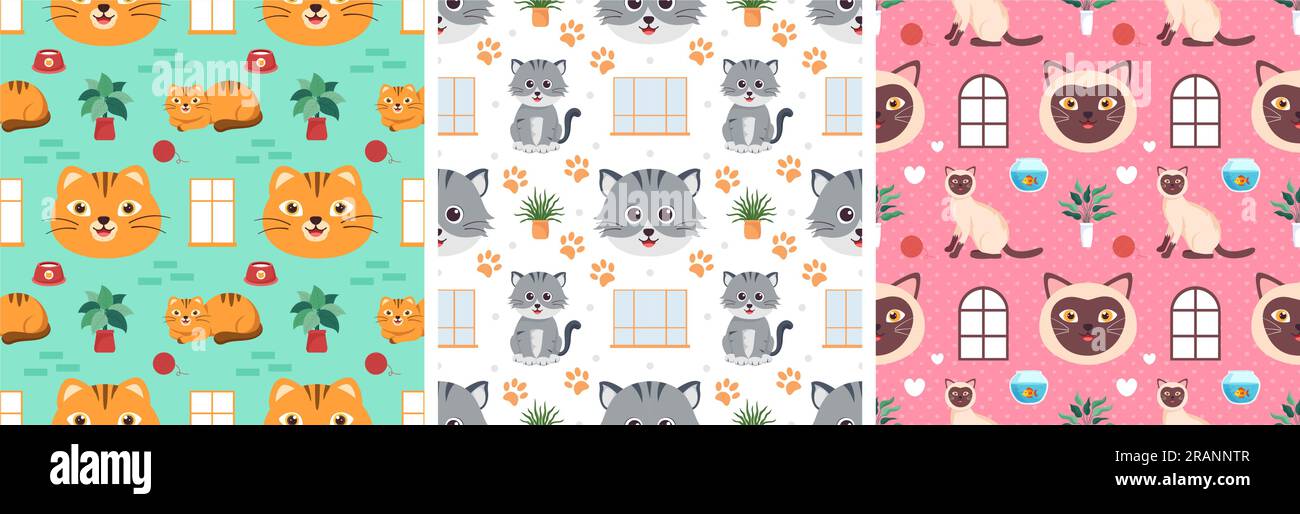 Set of Cats Animals Seamless Pattern Design with Cat Element in ...