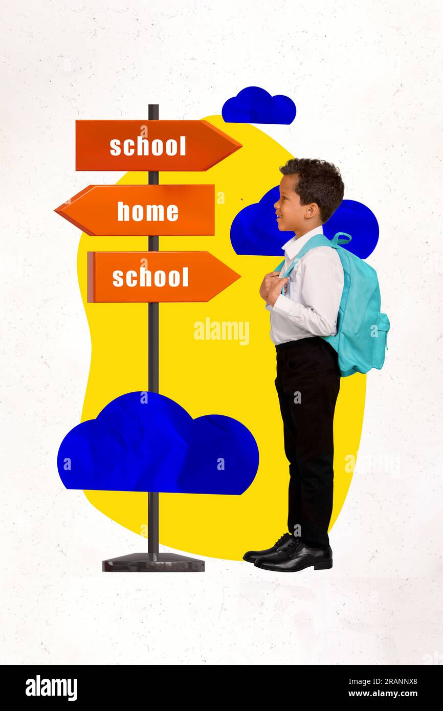 Creative collage of funny schoolboy choose way watching signpost choose ...