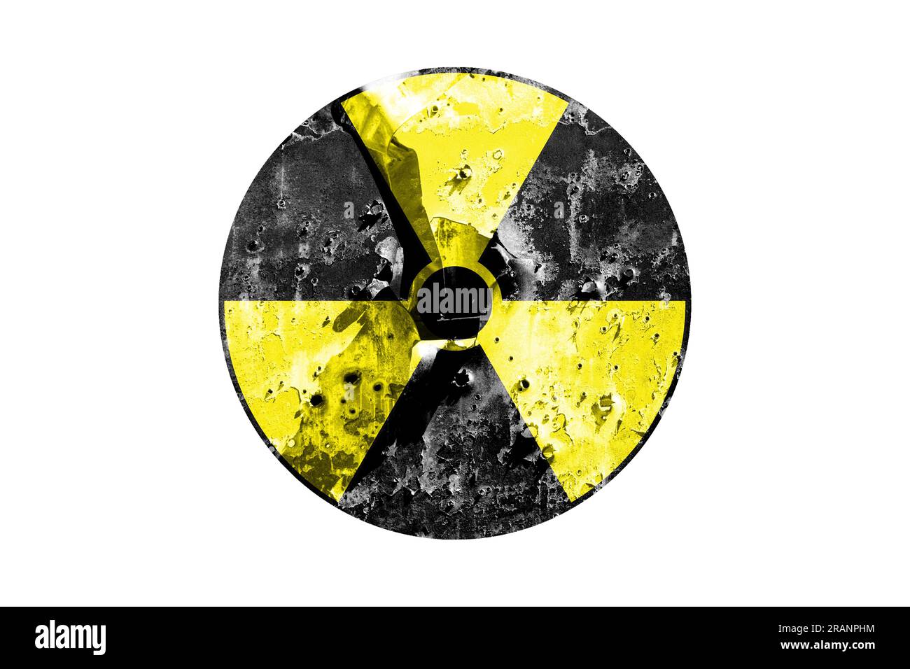 Radiation sign black and yellow with a texture of shot through metal on ...