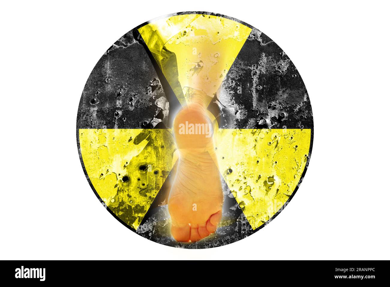 Radiation sign black and yellow with a texture of shot through metal ...