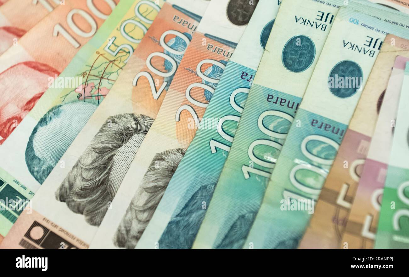 Belgrad, Serbia. 05th July, 2023. Serbian dinar banknotes are lying on ...