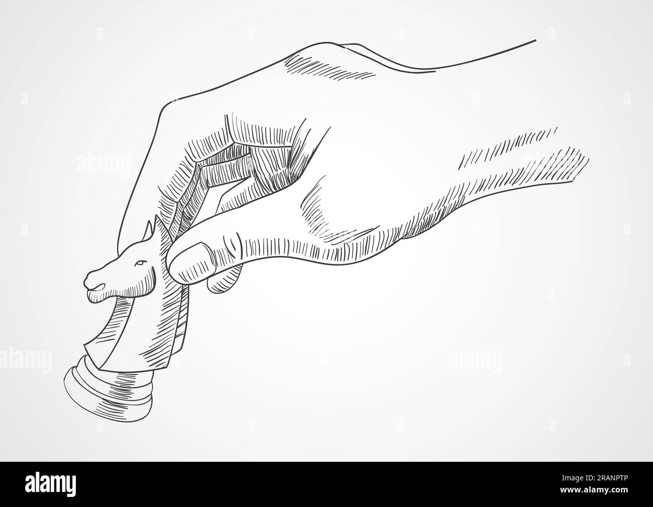 Line art illustration of a human hand holding chess knight piece, for ...
