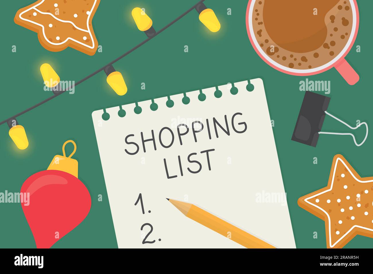 christmas shopping list written on a paper sheet with coffee, lights ...