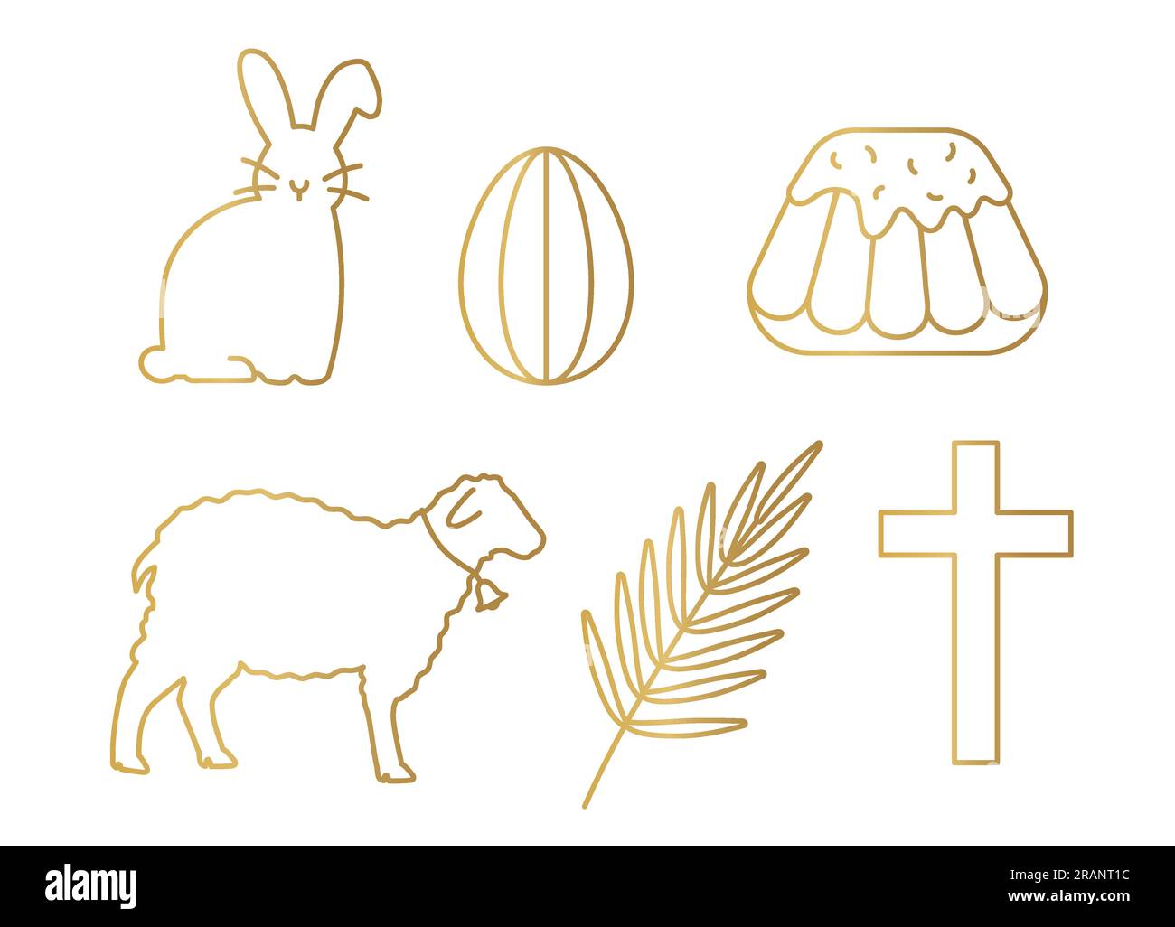 golden set of Easter related icons: bunny, egg, cake, lamb, palm leaf ...