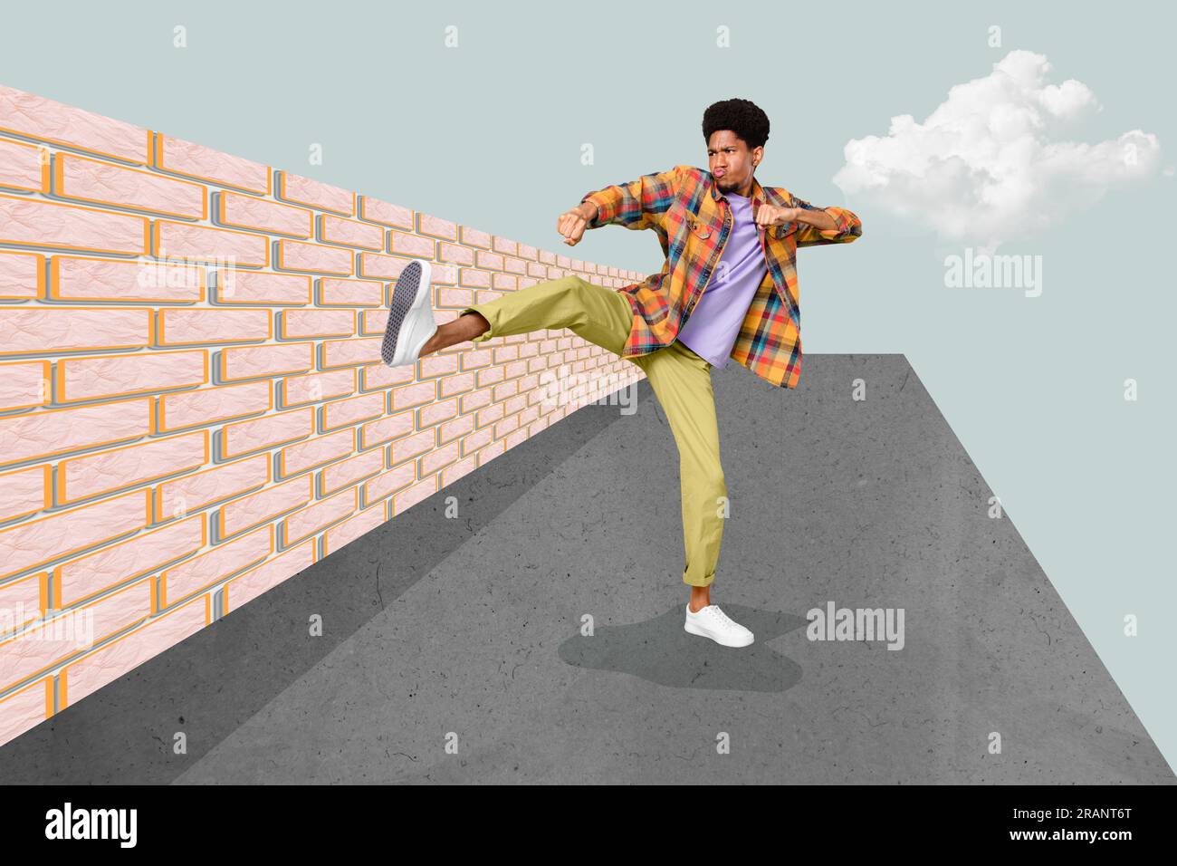 Template collage picture of funny guy sportsman kick leg bricks wall ...