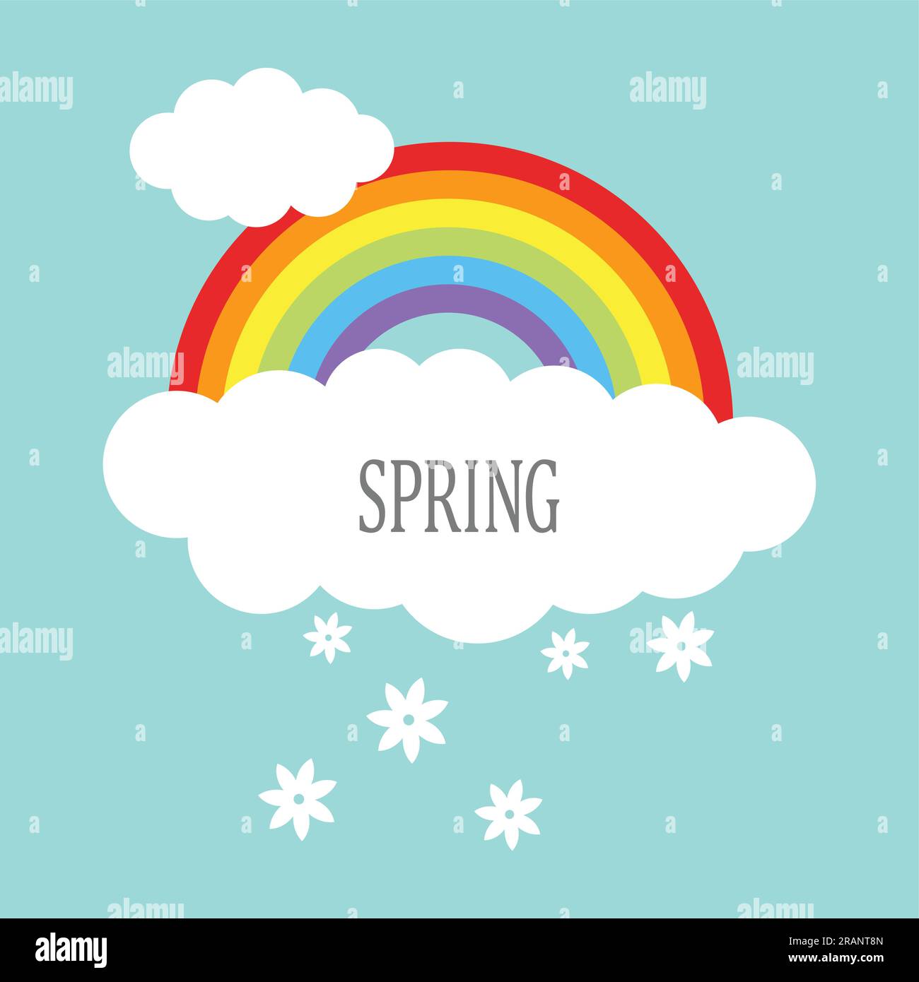 Graphic illustration of rainbow with clouds and flowers, spring icon ...
