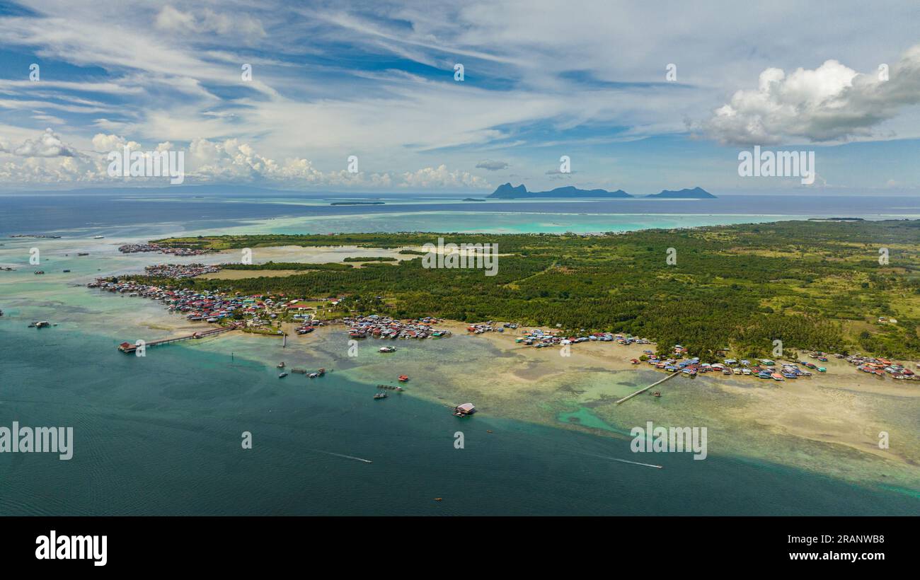 Aerial drone of island Bum Bum with towns and villages. Semporna, Sabah ...