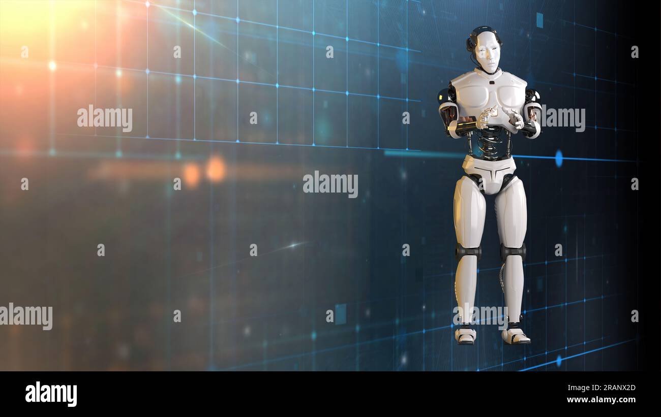 Futuristic world robots are running. Presentation of technology with robots. 3d rendering action ...