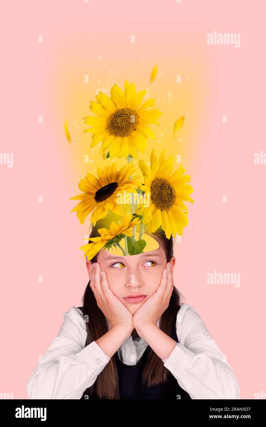 Banner poster collage of thoughtful negative kid girl with sunflowers ...