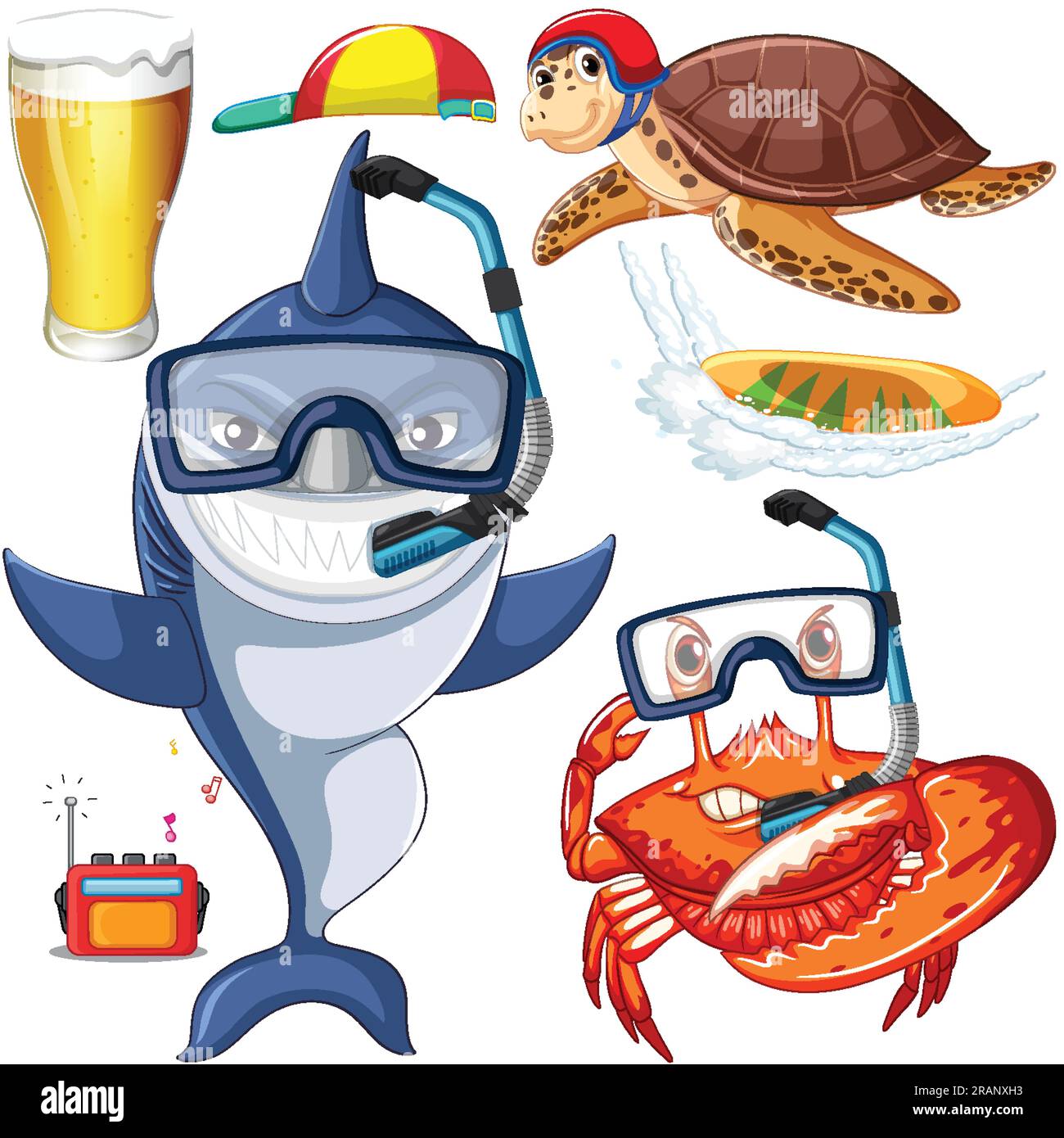 Set of sea creatures cartoon character in summer illustration Stock ...