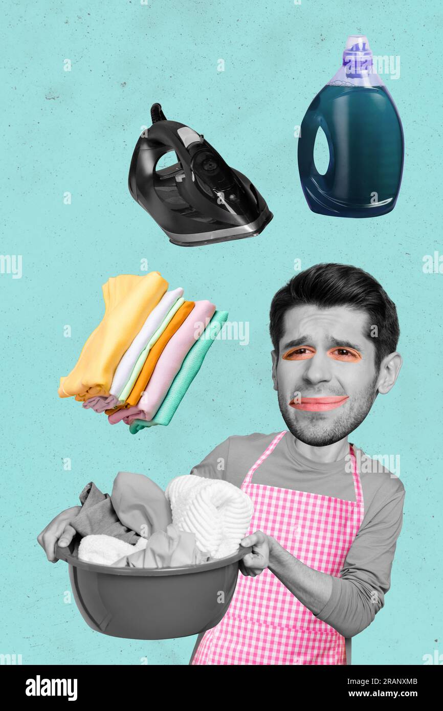 Creative weird collage template of unhappy guy feel fatigue have chores ...