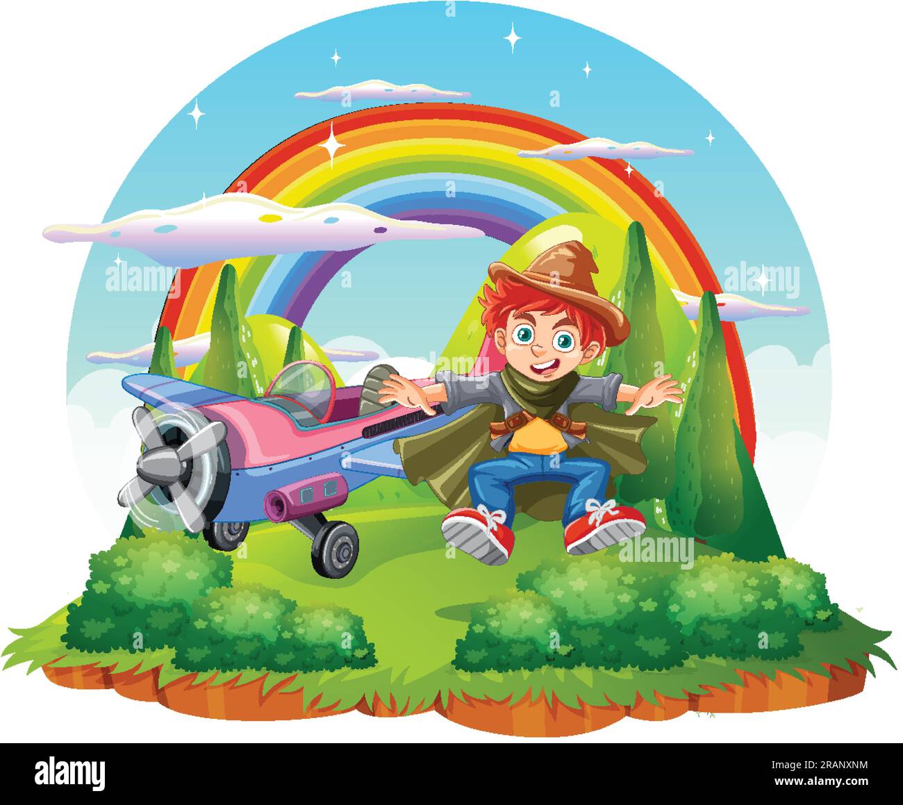 Boy cartoon with plane landing on the grond island illustration Stock ...