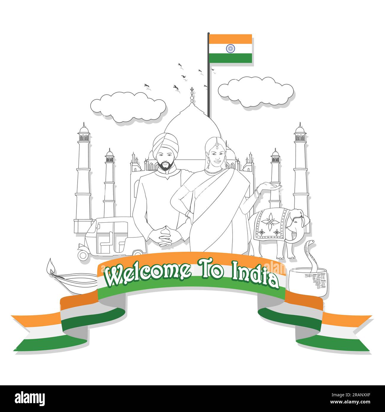 Travel to India symbol with famous landmark and cultural elements, line ...