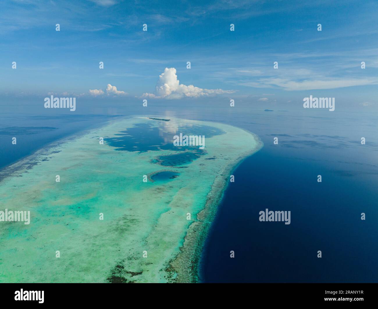 Aerial view of tropical atoll and coral reef. Seascape with tropical ...