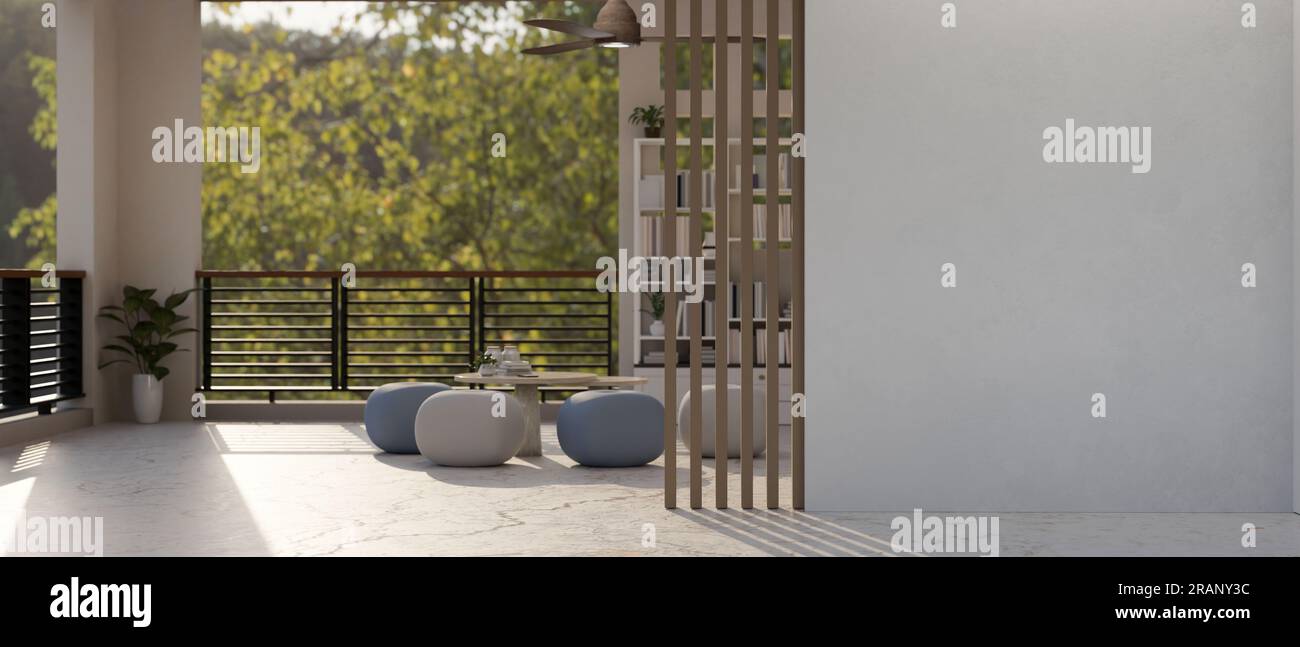 Interior design of a modern and comfortable relaxation area with poufs ...