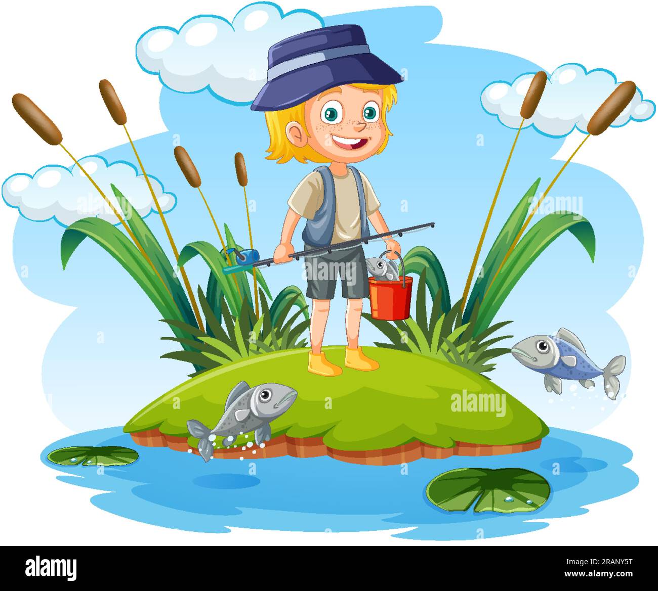 Cartoon Girl Fishing in the Pond illustration Stock Vector Image & Art ...