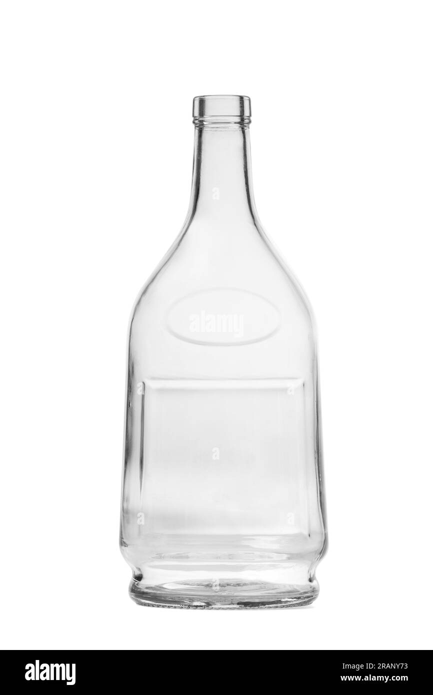 An empty bottle for alcoholic beverages made of transparent glass of a beautiful unusual shape ...