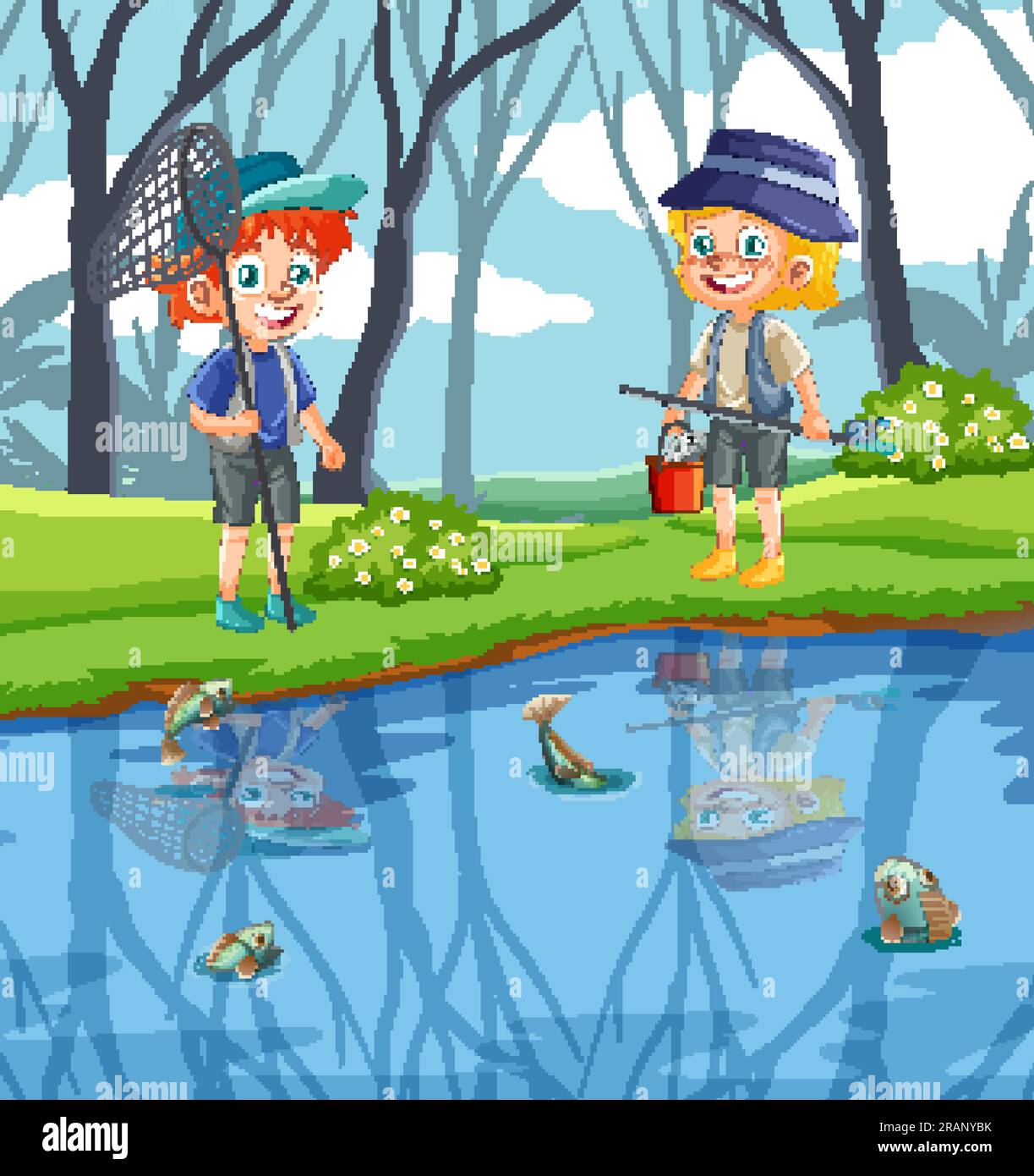 Kids Cartoon Characters Exploring Pond in Forest Scene illustration ...