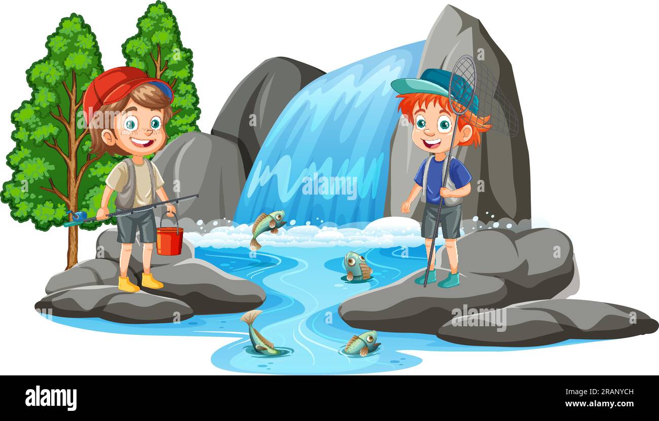 Two Kids in Waterfall Scene illustration Stock Vector Image & Art - Alamy