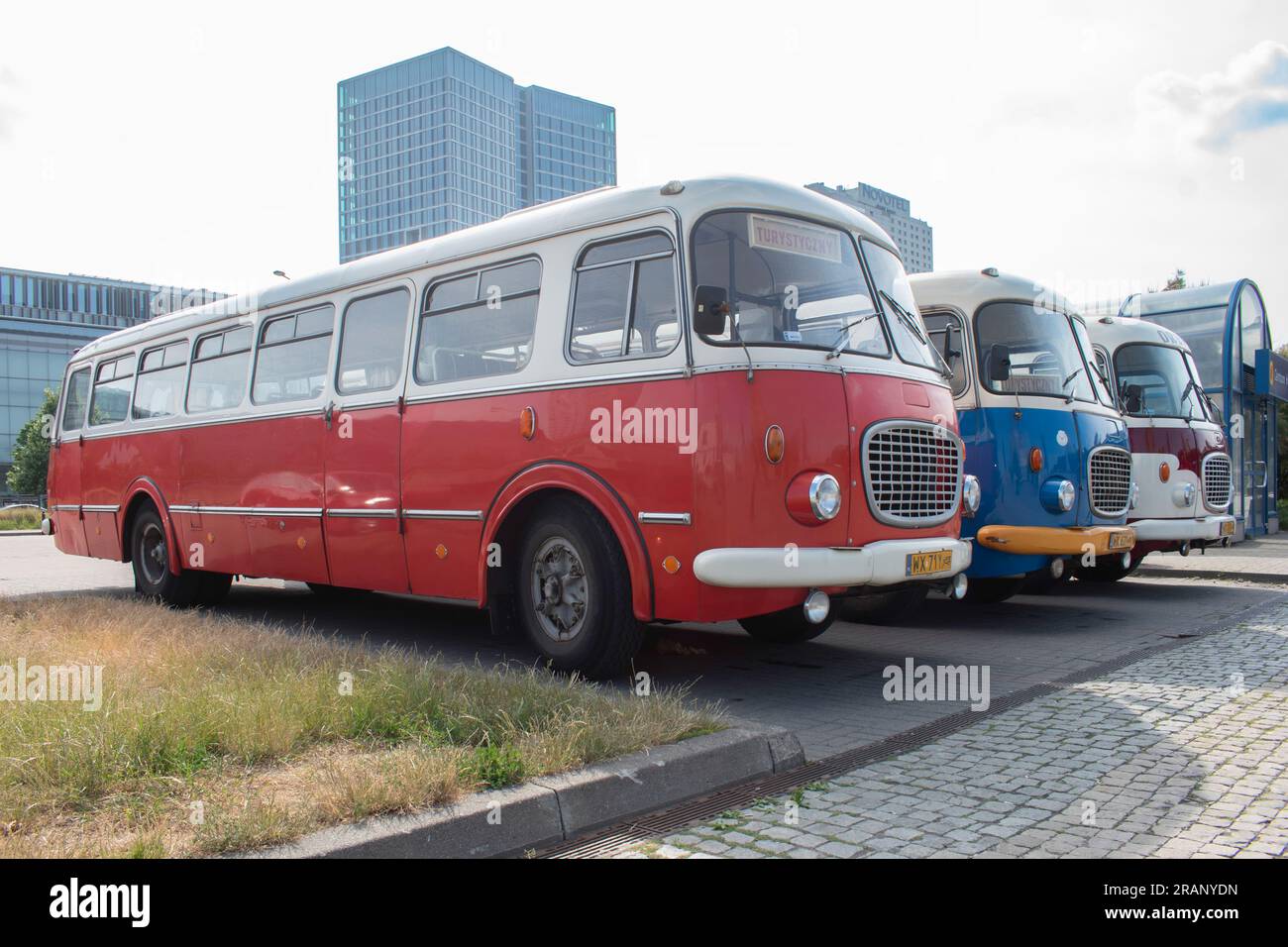 Warsaw, Poland, 16 June 2023: A row of iconic Jelcz buses, which were ...