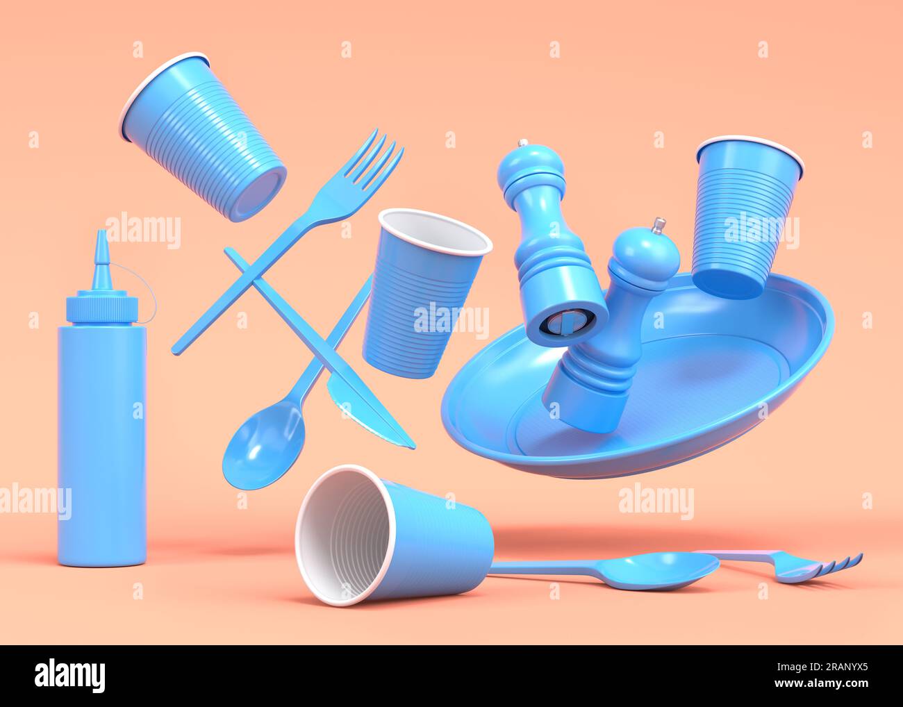 Set of disposable utensils like plate, folk, spoon,knife, cup and ...