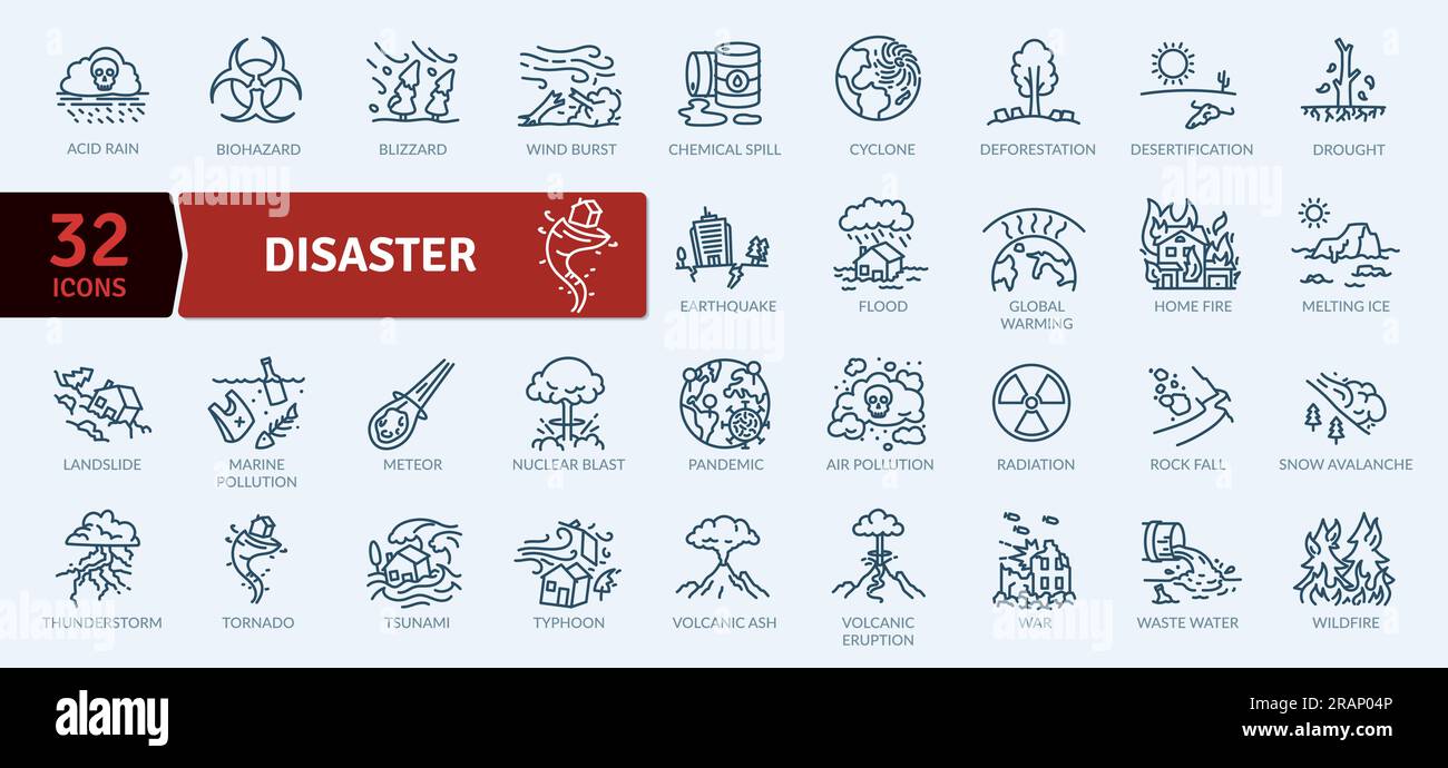 Disaster Icon Pack. Collection of thin line icons related to different ...
