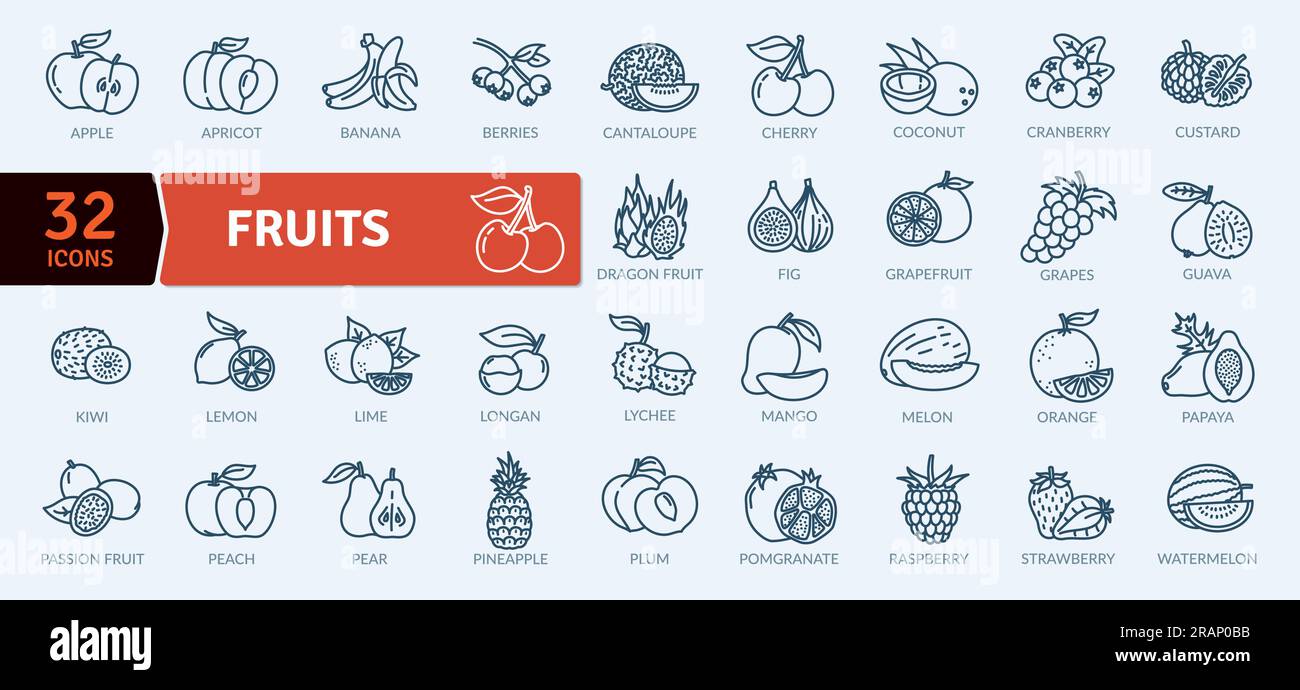 Fruit Healthy eating Thin Line Pack. Vector scalable icons Stock Vector ...