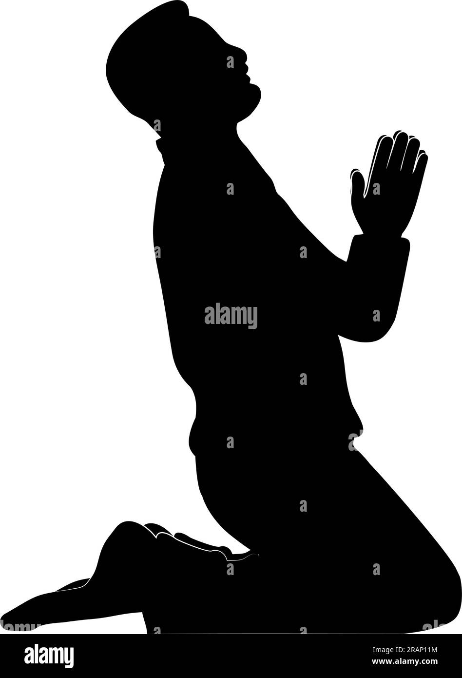 Silhouette of a man sitting on her knees praying. Side view Stock ...