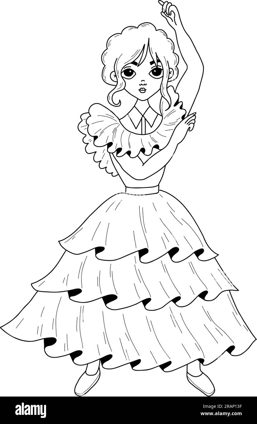 This Is Fantasy Dancing Of Wednesday Girl Vector Illustration Outline