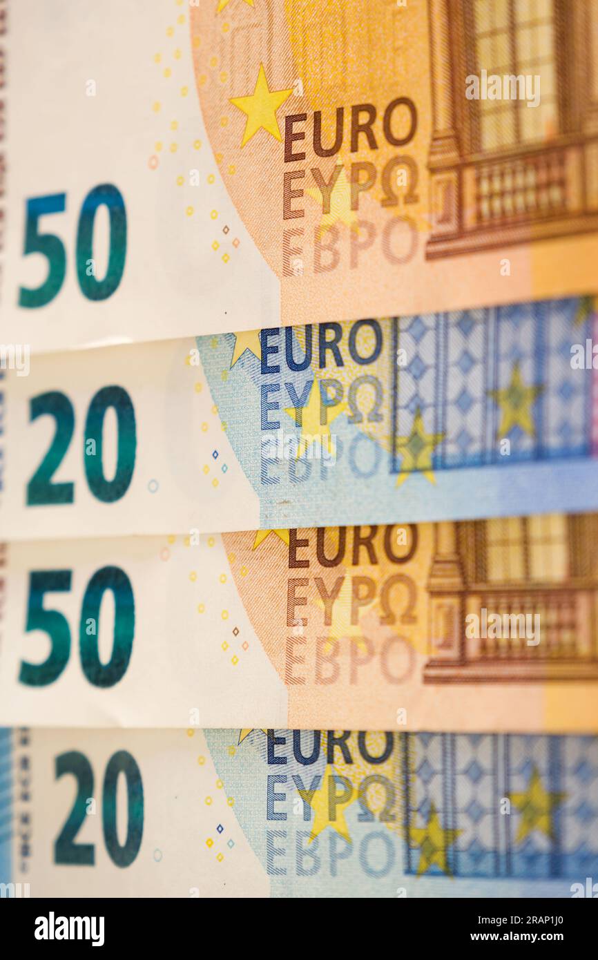20 and 50 euro banknotes aligned, vertical perspective detail Stock ...