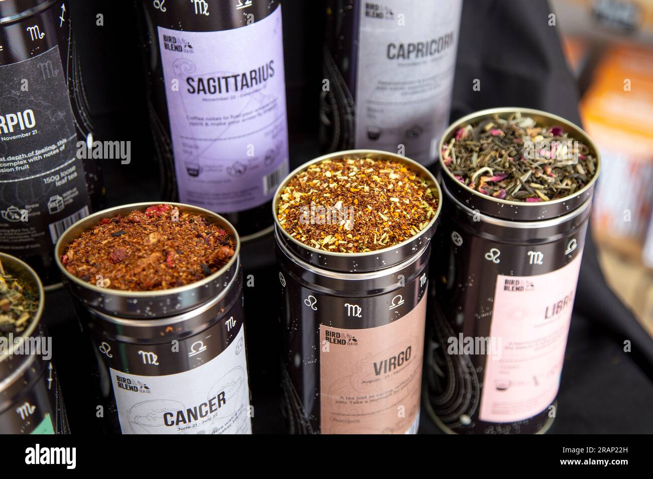 Selection of teas at a tea shop (Bird & Blend Tea Co, Brighton, England ...