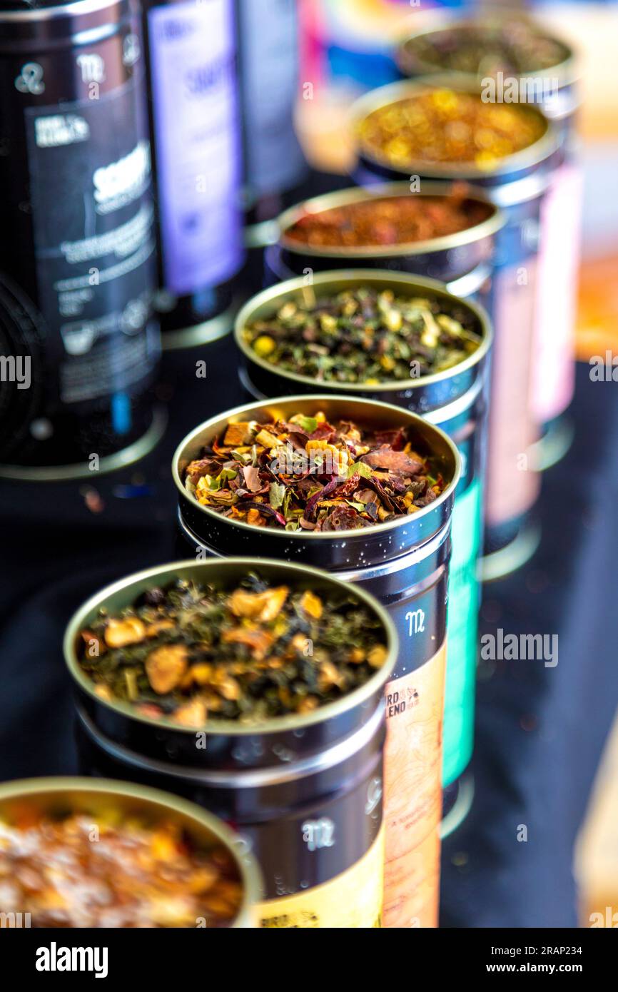 Selection of teas at a tea shop (Bird & Blend Tea Co, Brighton, England ...