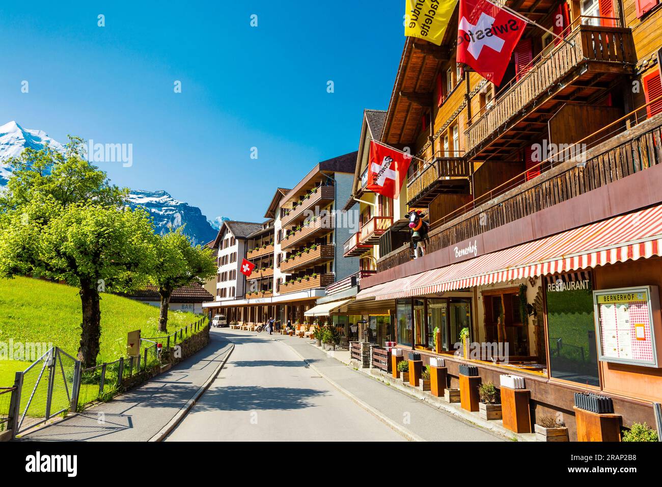 Swiss style chalets, hotels and restaurants along main street ...