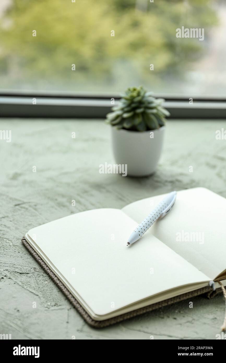 Open notebook, pen and houseplant on table near window Stock Photo - Alamy