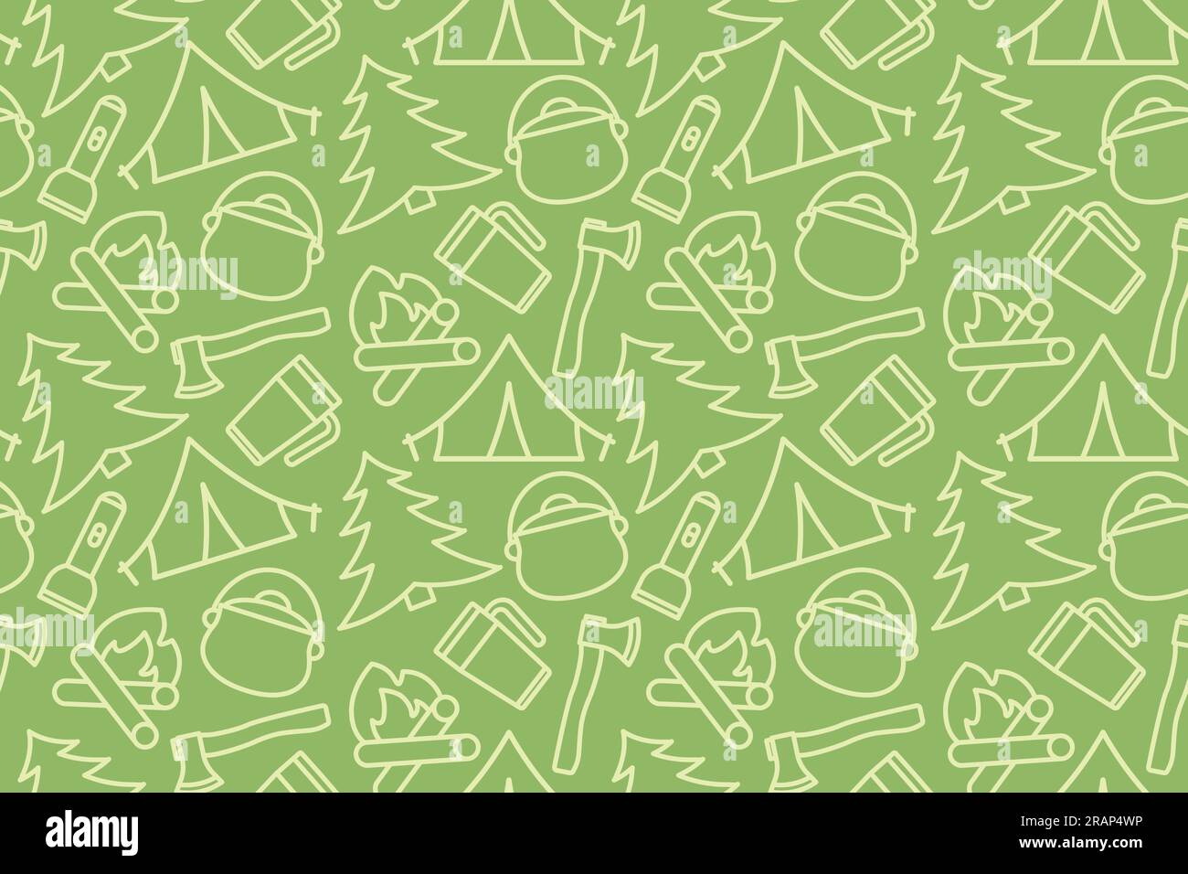 camping seamless pattern with tent, campfire, cooking pot, fire tree ...