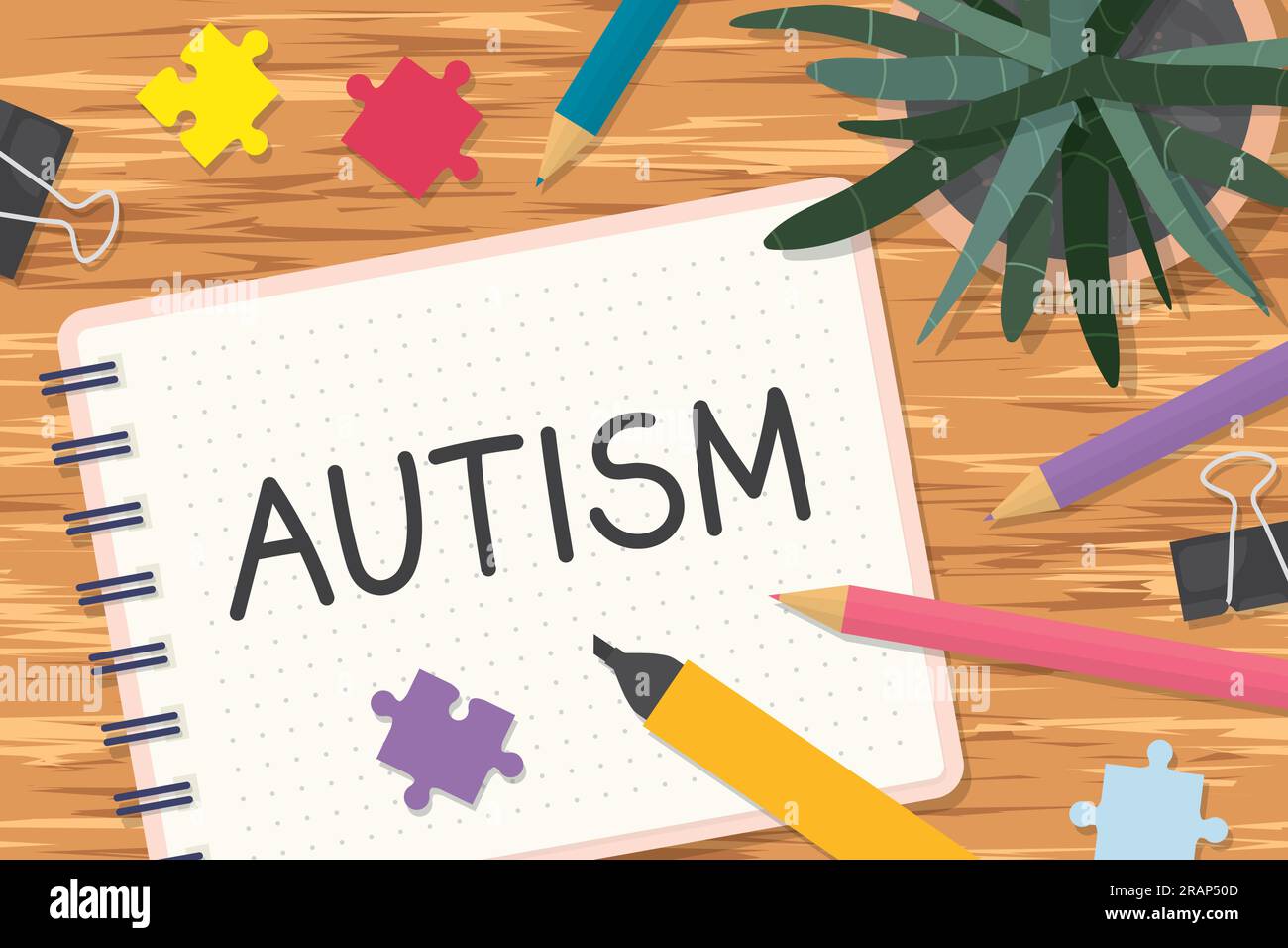 word autism written in notebook, flat lay view- vector illustration ...