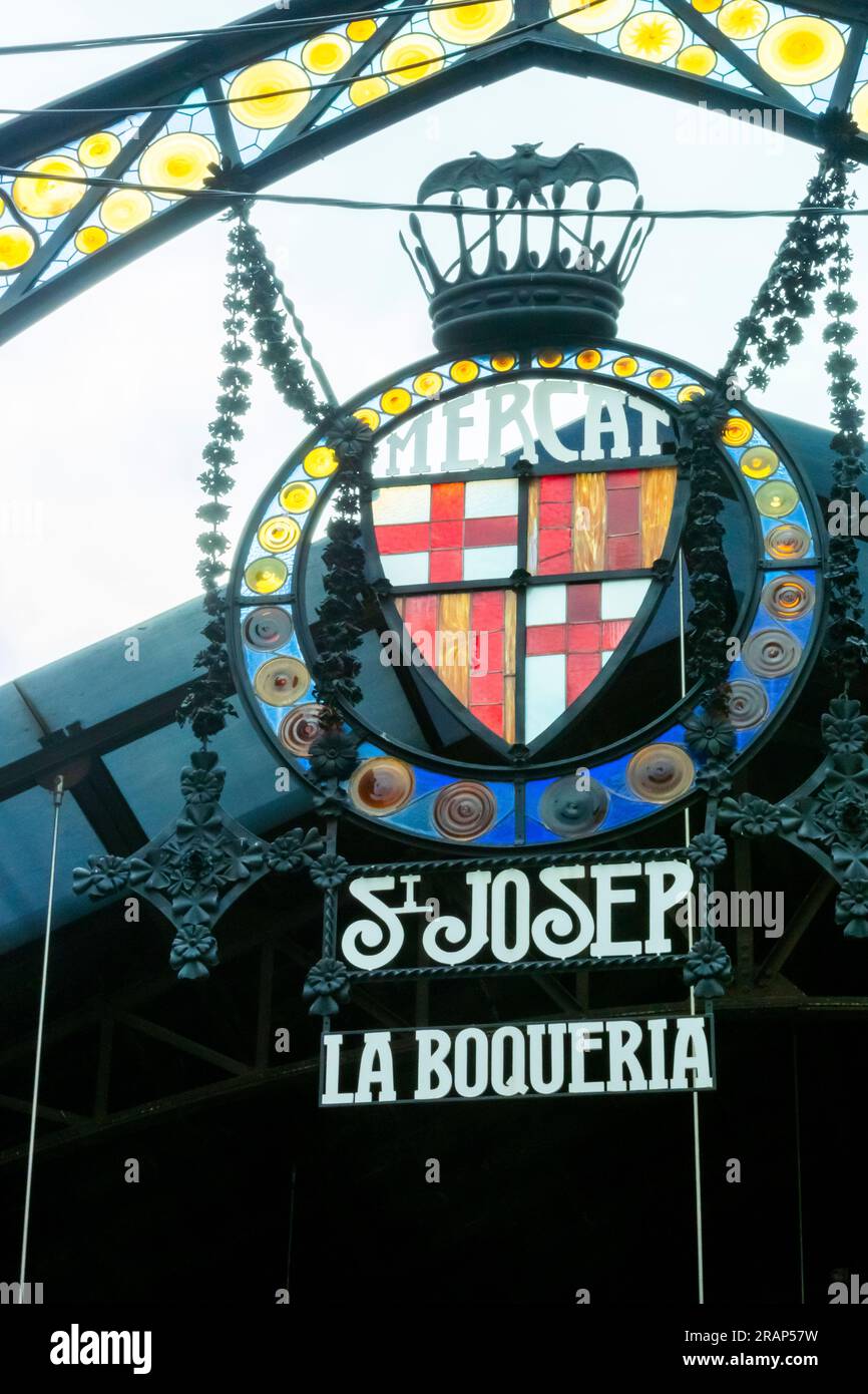 Barcelona, Spain, Detail Vintage sign, Traditional Spanish Food Market ...