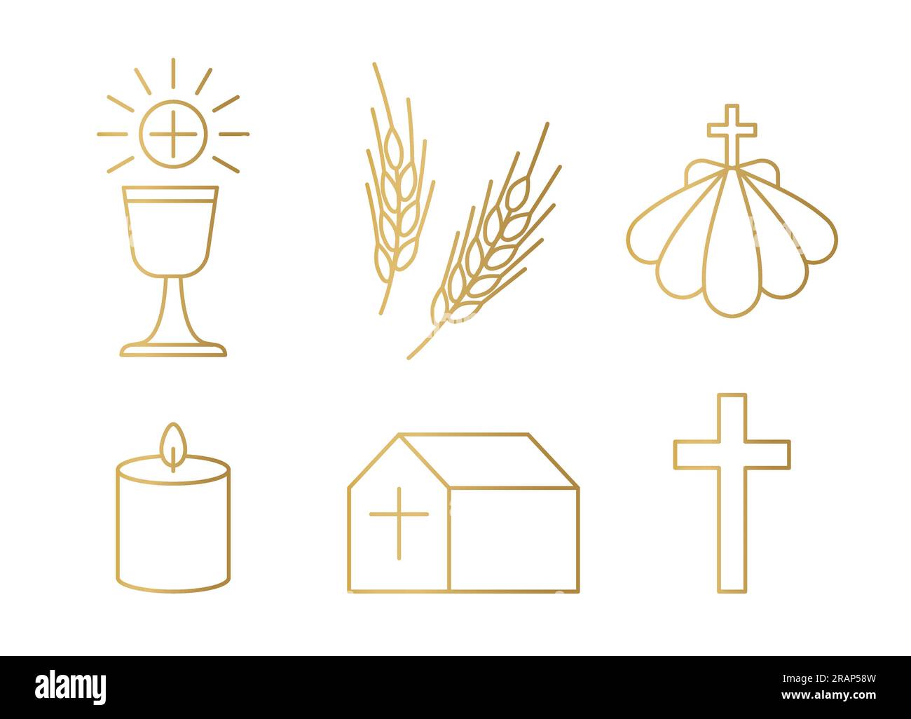 golden christianity, holy communion icon set; chalice, ears of wheat ...