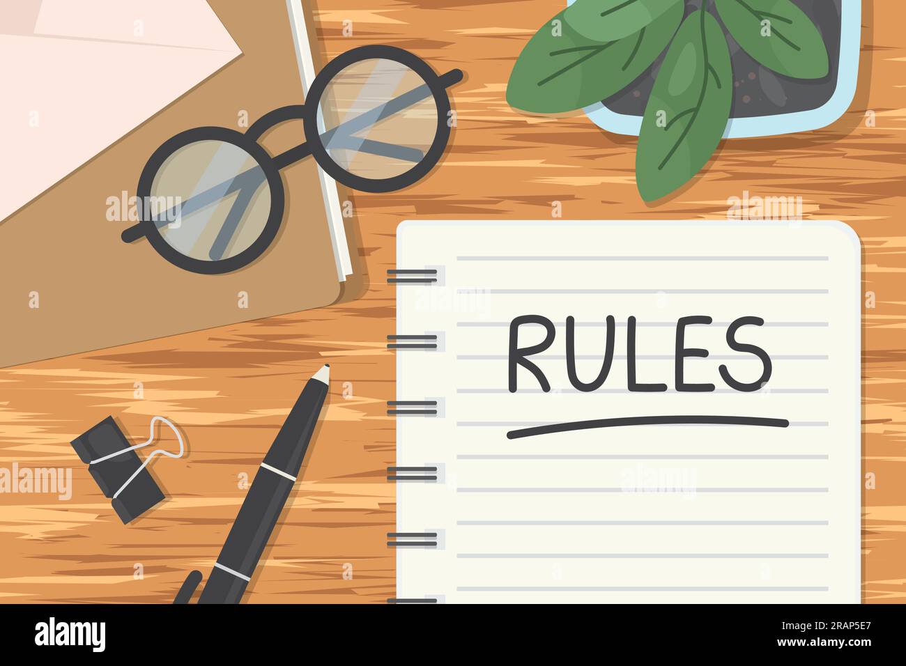 word rules written in notebook on wooden desk, flat lay office ...