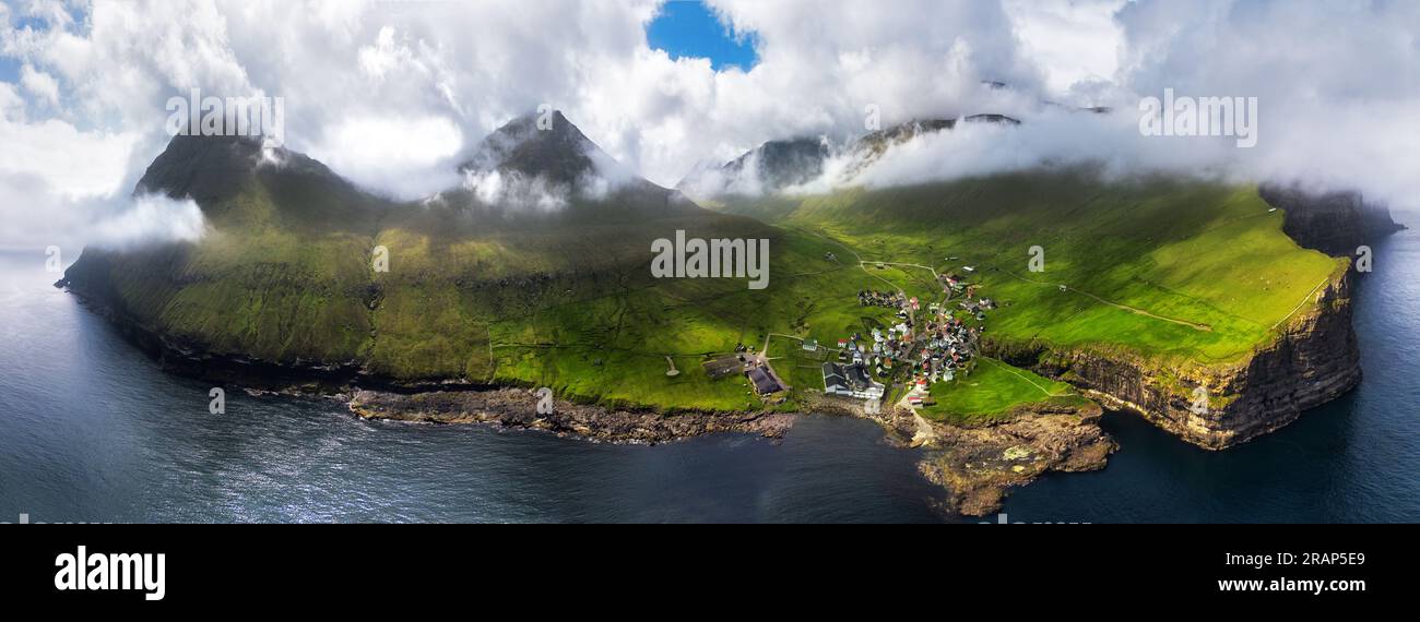 Faroe islands - Aerial panoramic view of the village of gjogv on cliffs ...