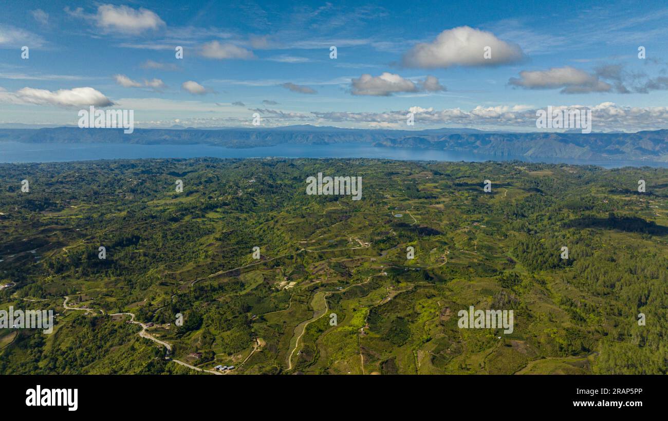 Aerial view of Samosir Island and Lake Toba in Sumatra. Tropical ...
