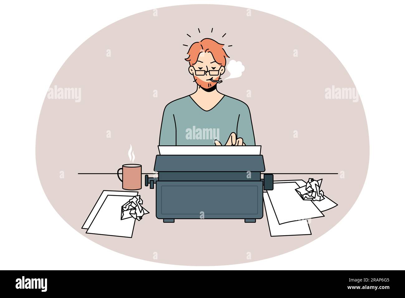 Man author typing on retro typewriter smoking cigarette. Concentrated ...