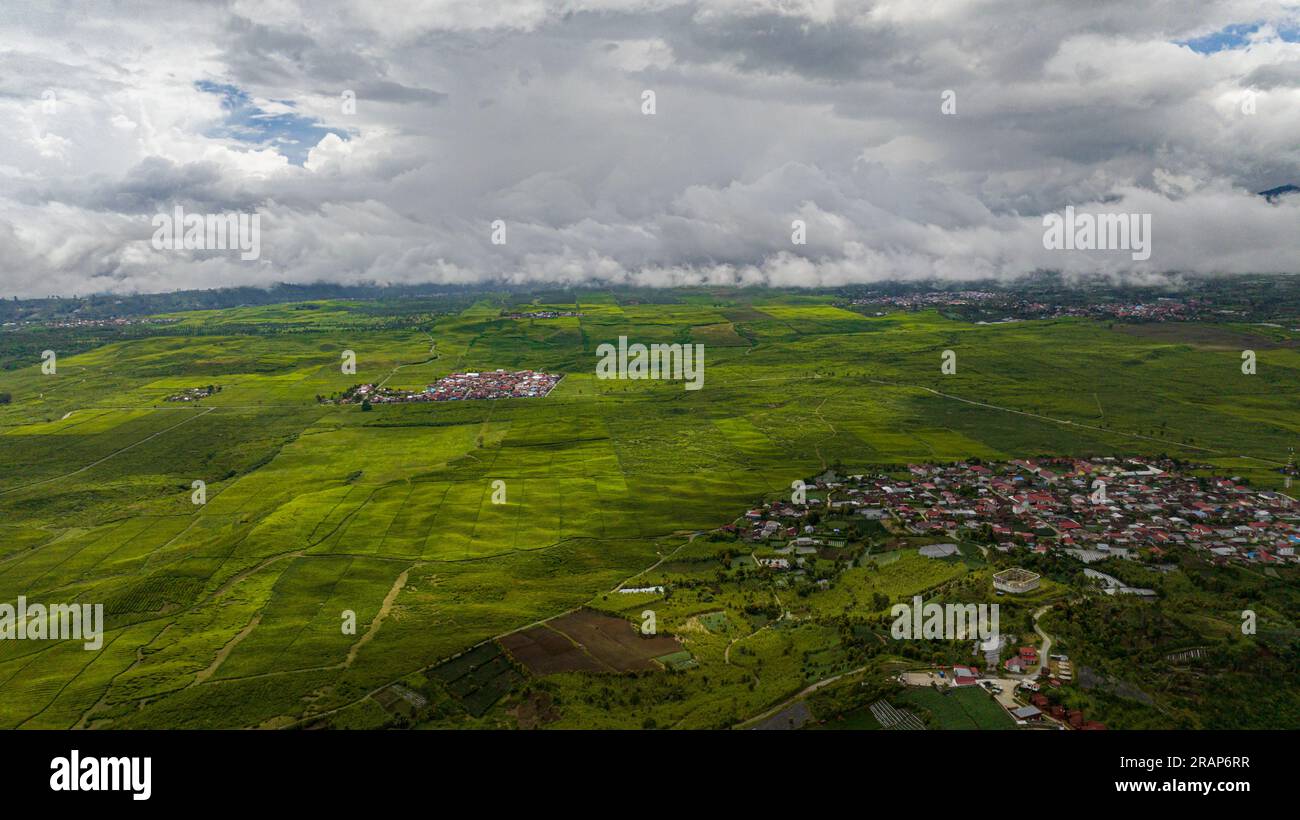 Top view of valley with tea plantations and farmland in the highlands ...