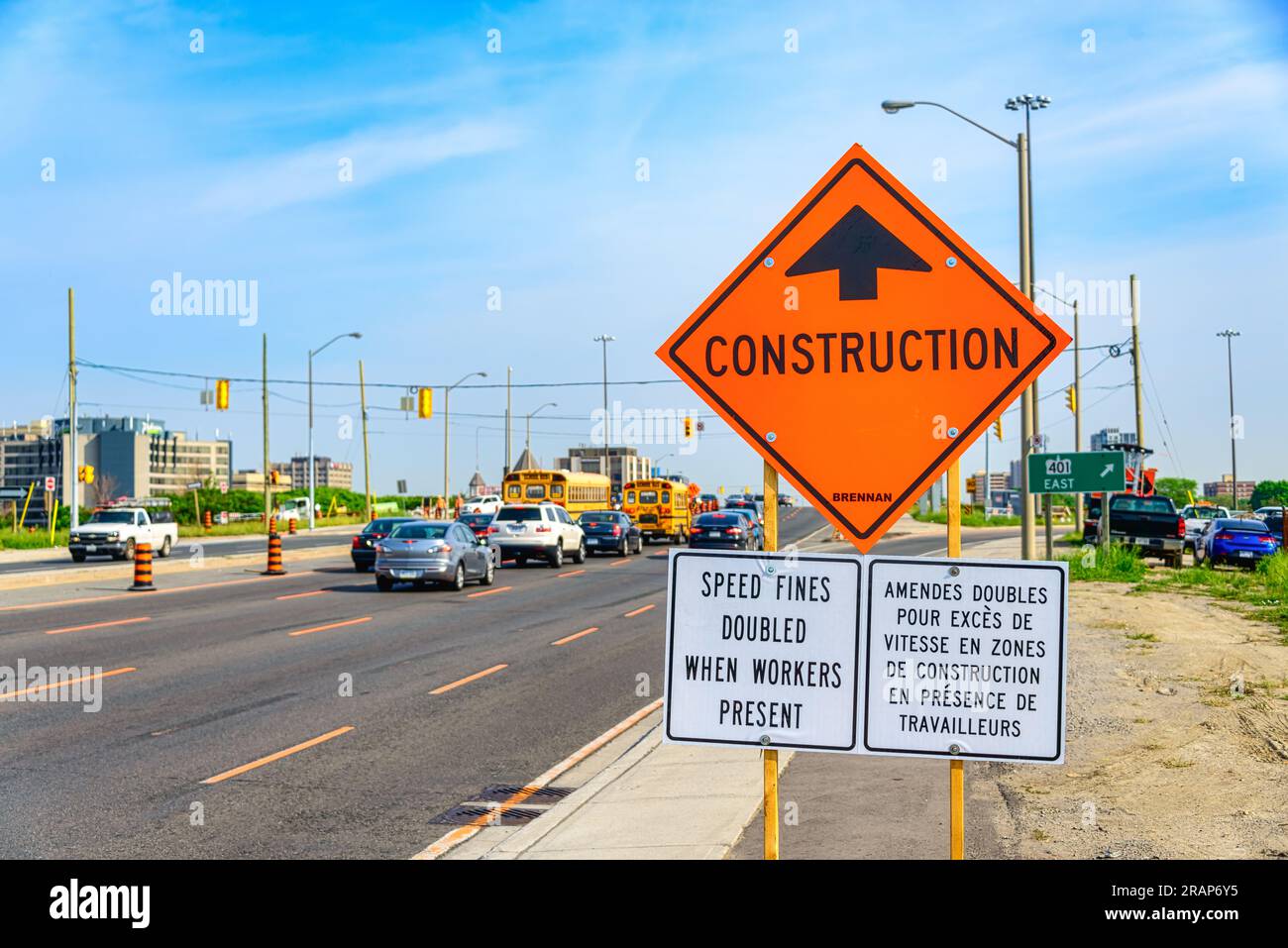 Construction signs in Victoria Park Avenue, Toronto, Canada Stock Photo ...