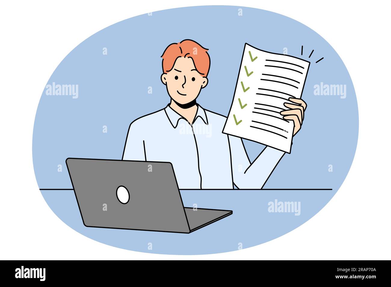 Happy man sitting at desk showing document with all tasks completed ...