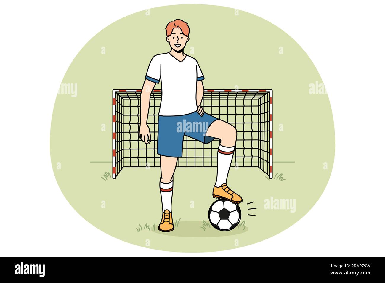 Smiling goalkeeper in uniform standing on field. Happy man player with ...